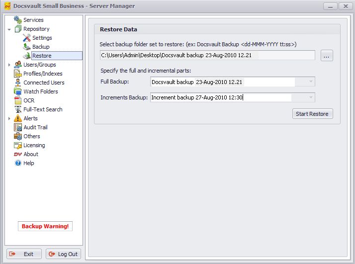 Docsvault Help Manual View Topic: Restore backup in Docsvault Document ...